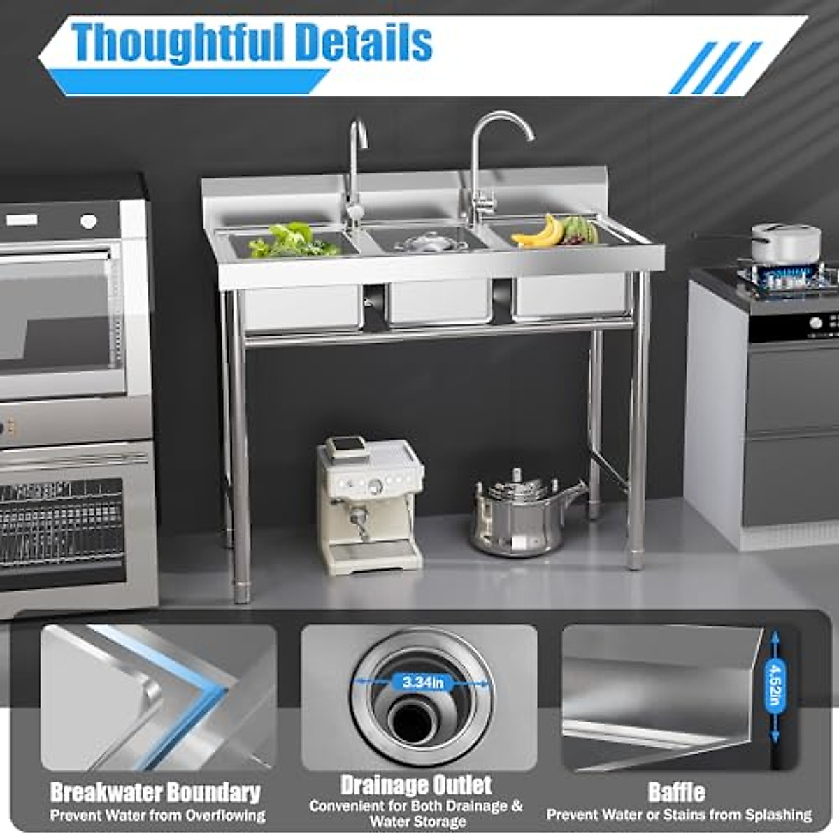 3 Compartment Commercial Utility Sink, 304 Stainless Steel Laundry Tub Culinary Sink, Freestanding Prep & Utility Washing Sink with 2 Faucets, Restaurant Sink Station for Outdoor Indoor