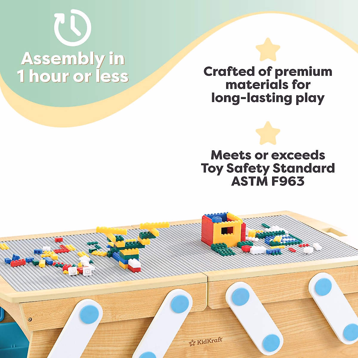 KidKraft Building Bricks Play N Store Wooden Table, Children's Toy Storage with Bins, 200+ Building Blocks Included, Natural, Gift for Ages 3+