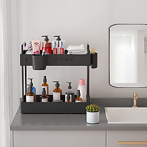 Ormeli Under Sink Organizer, 2 Tier Bathroom Sink Storage Under Cabinet Organizer Baskets Kitchen Countertop Organizer Multi-purpose Bath Collection Baskets with 6 Hooks 2 Hanging Cups(1 Pack, Black)