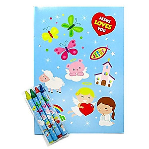 Tiny Mills Christian Religious Coloring Book Set for Kids with 12 Coloring Books and 48 Crayons Favor Bag Filler Sunday School VBS Rewards Basket Fillers Church Carnivals
