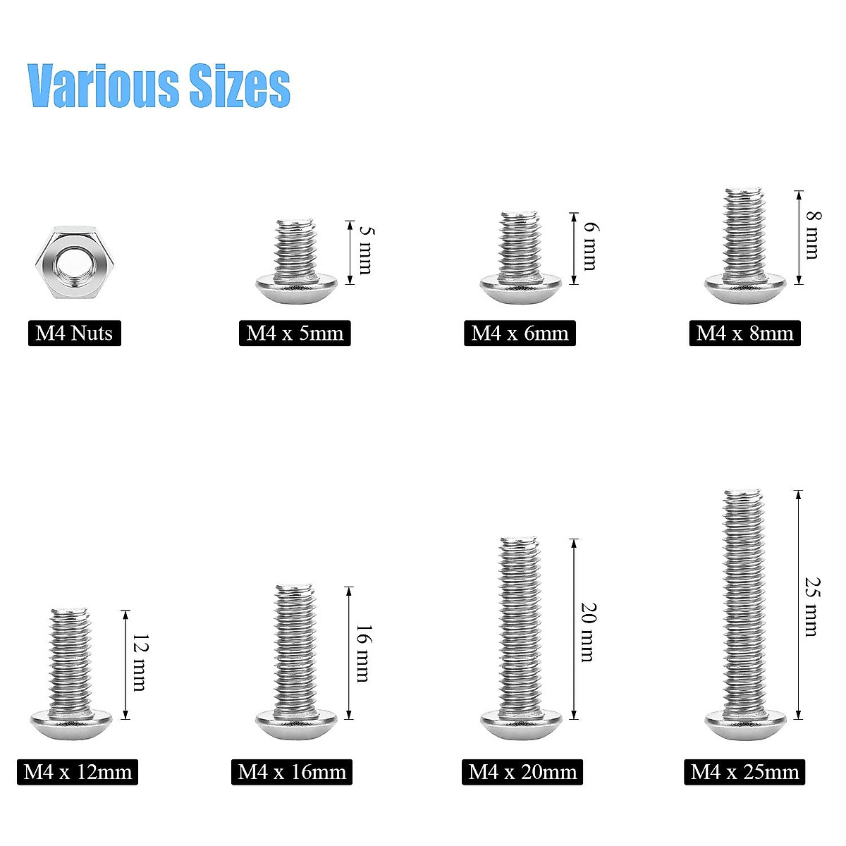 DYWISHKEY 200 Pieces M4 x 5mm/6mm/8mm/12mm/16mm/20mm/25mm Stainless Steel 304 Hex Button Head Cap Bolts and Nuts Kit