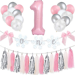 Winter 1st Birthday Girl Decoration One Snowflake Banner High Chair Pink Bow Garland Foil Balloon Paper Tassel Princess Cake Smash Supplies