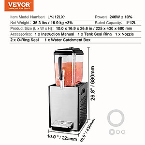 VEVOR Commercial Beverage Dispenser, 12 L / 12.7 QT Juice Dispenser, 246W 304 Stainless Steel Food Grade Ice Tea Drink Machine with 45°F-54°F Cooling Temperature, for Cold Drink Restaurant Bar Party
