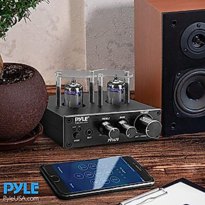 Pyle Bluetooth Tube Amplifier Stereo Receiver - 600W Home Audio Desktop Stereo Vacuum Tube Power Amplifier Receiver w/ 2 Vacuum Tubes, AUX/MP3/Microphone Inputs, Pure Copper Speaker Output - PVTA20