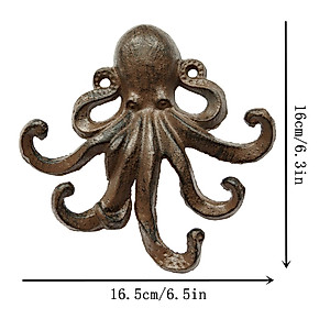 YMAISS Rustic Brown Cast Iron Octopus Hooks,Key Hooks,Sea Theme Hook,Coastal Hook,Antique Old Shabby Chic Cast Iron Hooks, Decorative Swimming Octopus Tentacles Key Hook Matching Screws Included