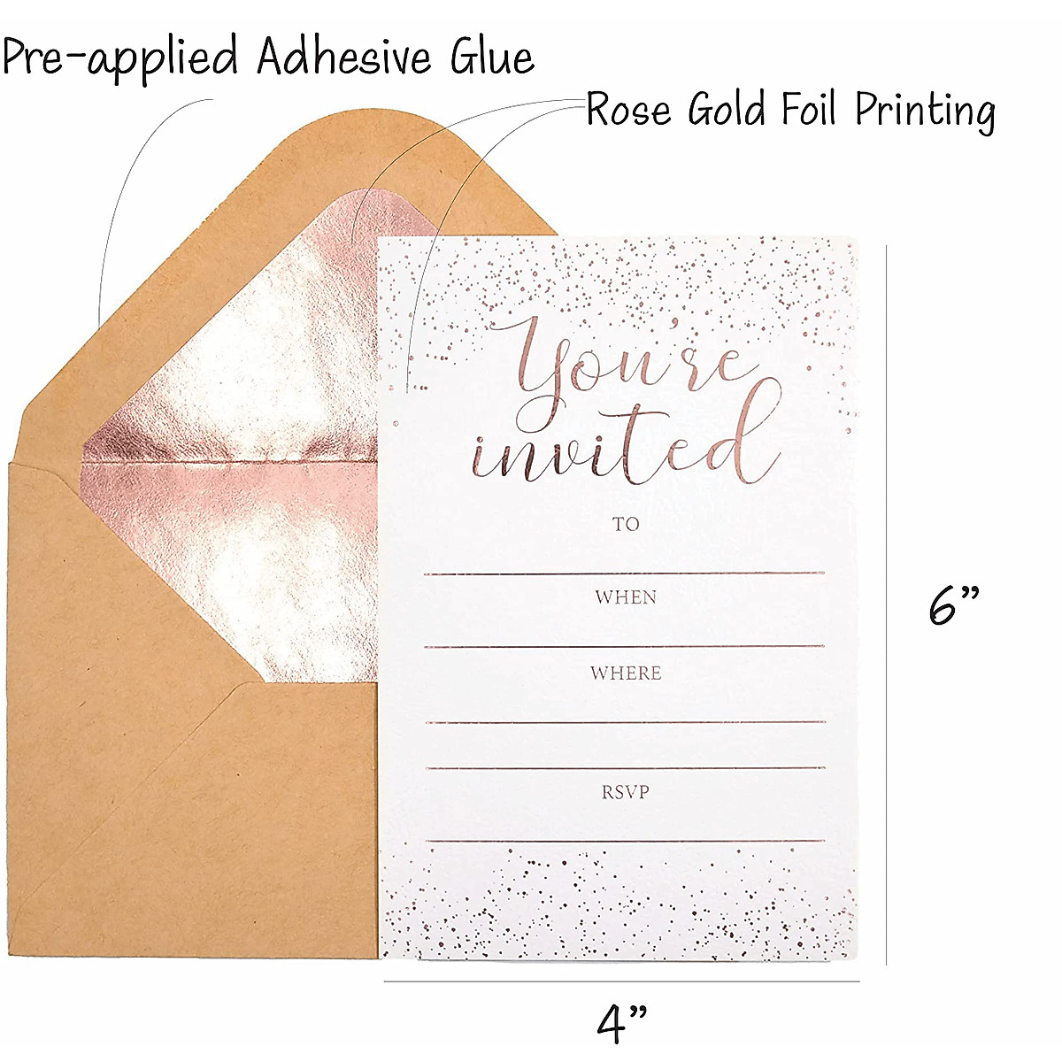 Chriz.Z Invitation Cards - 24-Count 4" x 6" White Invitation Cards ‘’You Are Invited’’ in Rose Gold Foil with 26 Foil Kraft Envelopes – For Wedding, Bridal Shower, Baby Shower, Birthday