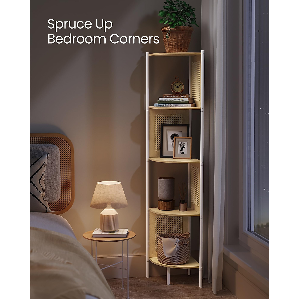 VASAGLE 5-Tier Corner Shelf Stand, Boho Corner Bookshelf with Polyrattan Sides, Plant Stand for Living Room Bedroom Study Kitchen, Oak Beige ULLS588Y57