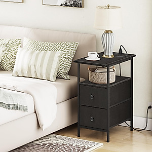 HOOBRO End Table Set of 2 with Charging Station, Narrow Side Tables, Narrow Nightstand with 2 Non-Woven Drawers, Slim Sofa Table, for Small Spaces, Living Room, Bedroom, Black BB486UBZP201