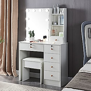 Jansaimei White Vanity Table Set with Mirror and Lights and 3 Color Light Settings, Makeup Vanity Desk Multiple Drawers Capacity with Chair and Mirror. Dressing Table for Girls and Women.