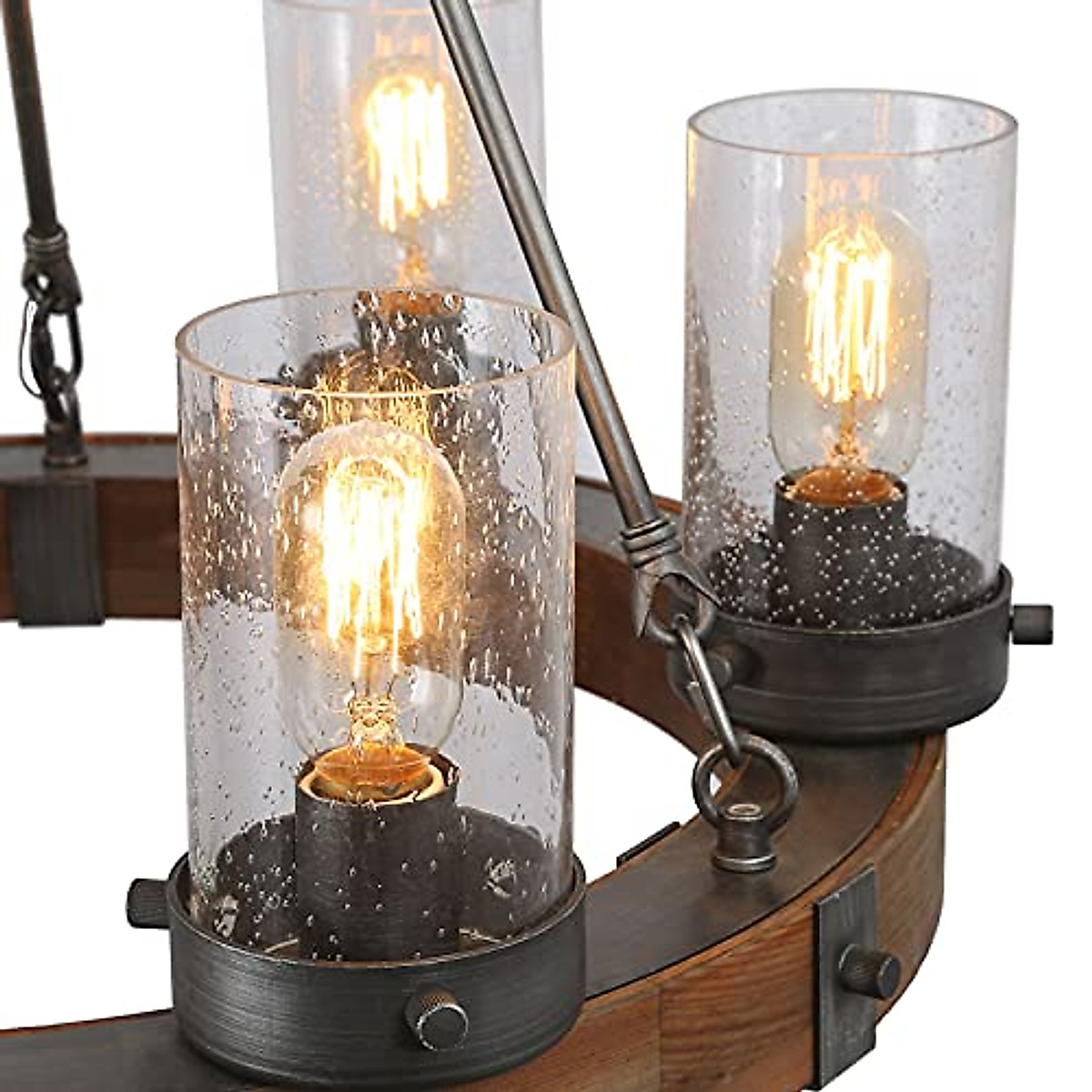 LNC Farmhouse Chandelier, Wood Round Wagon Wheel 6-Light Fixture with Seeded Glass Shades for Dining & Living Room, Bedroom, Kitchen and Foyer