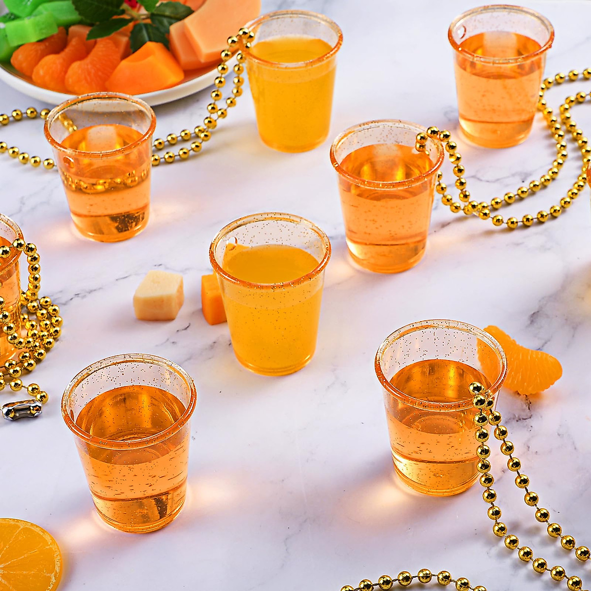 Misdary 12 Pcs Shot Glass on Beaded Necklace Gold Clear Shot Cups Disposable Plastic Shot Cups for Birthday Wedding Festival Parade Party Favor Groom Bride Supplies