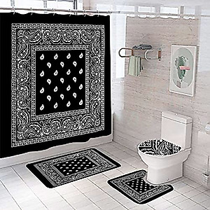 Paisley Black Bandana Bohemian Ethnic Pattern Waterproof Printing 4 Piece Shower Curtain Set with Non-Slip Carpet U-Shaped Bath mat Modern Bathroom Curtain Toilet Cover Cover 72x72 inches
