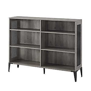 Walker Edison 2 Tier Industrial Wood and Metal Mesh Bookcase Bookshelf Storage Home Office Storage Cabinet, 52 Inch, Grey Wash