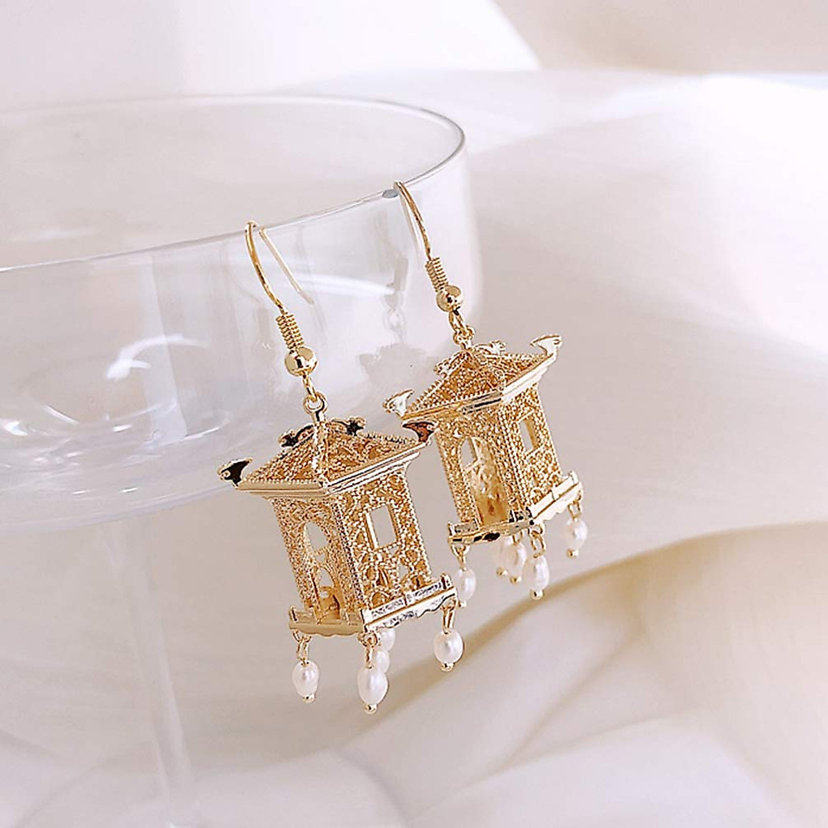 Holibanna 1 Pair Bead Tassel Earrings Gold Drop Earrings Pavilion Shaped Design Earrings Decorative Chinese Style Ear Jewelry Party Dangle Earrings for Women Ladies