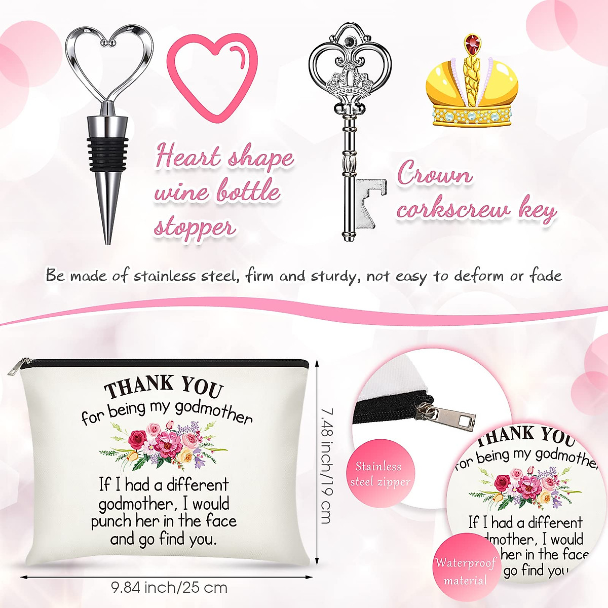 Novel Godmother Gift Set, Thanks for Being My Godmother Spa Tumbler Relaxation Basket Including 20 Oz Insulated Vacuum Mug Tumbler with Lid Straw Brush Godmother Keychain Makeup Bag (Flower)