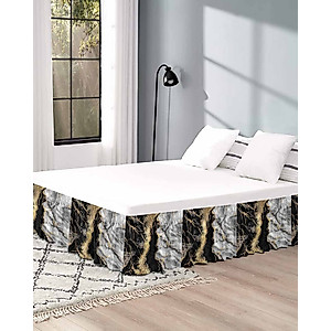 Marble Black Bed Skirt Cal King Size 18 Inch Drop, Adjustable & Elastic Wrap Around Bed Skirts Pleated Luxury Dust Ruffles for Twin Full Queen Cal King Base Bed, Gold Grey Modern Abstract Marbling