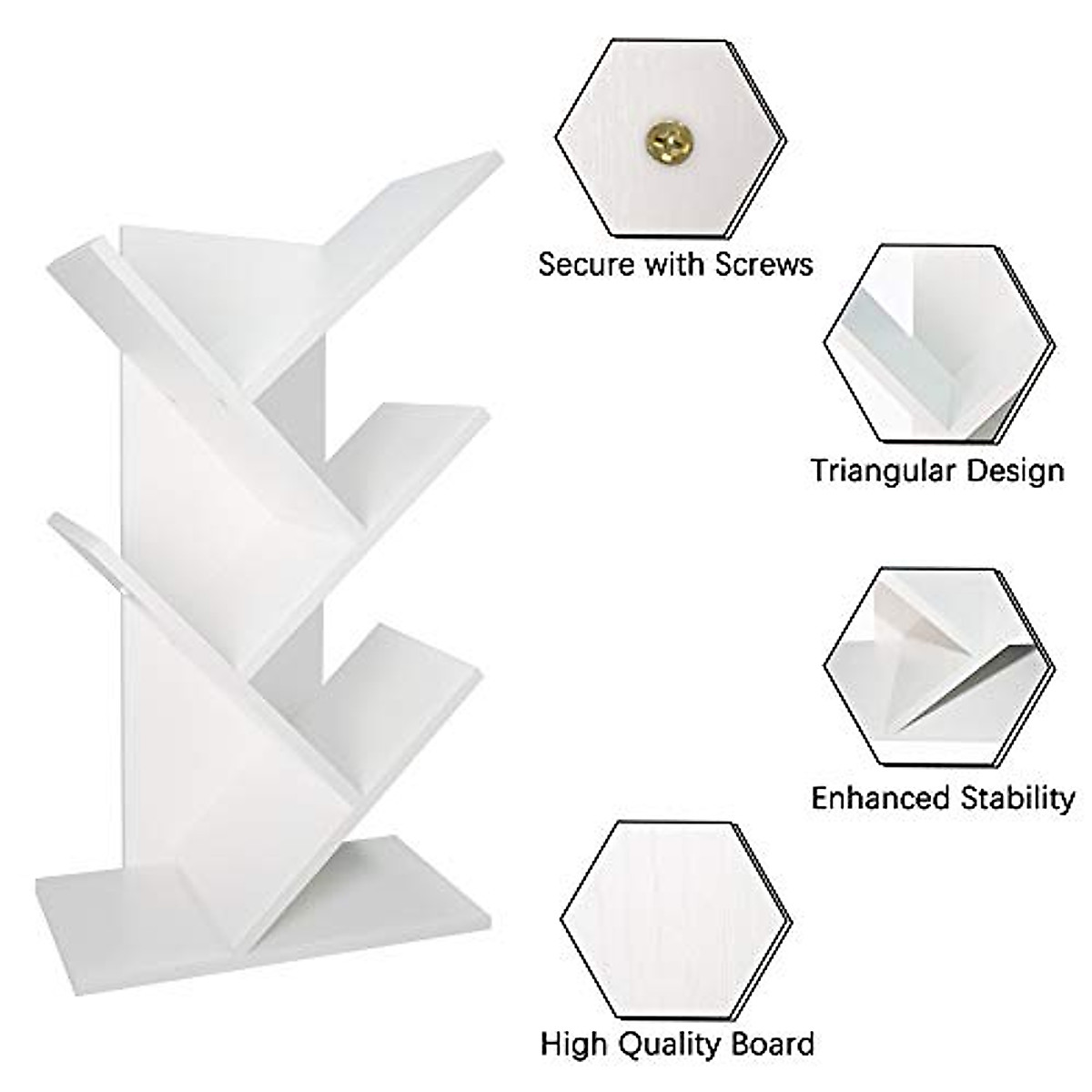 QUMENEY Tree Bookshelf, 5 Shelf Display Bookcase,Tree Bookcase for Books/CDs/Albums/Files Holder, Free Standing Book Shelves Organizer for Office，Bedroom, Living Room (White)