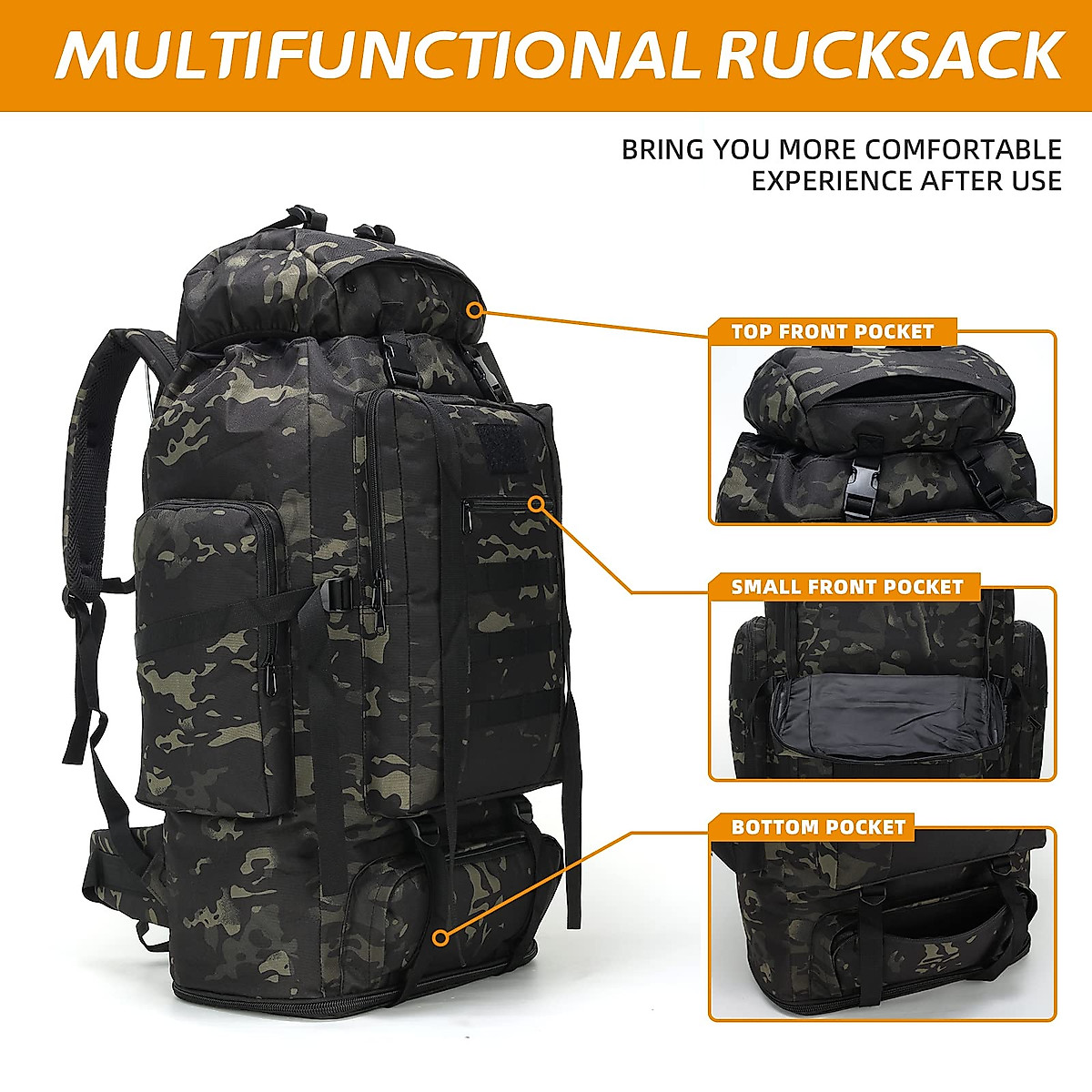 HongXingHai 70L/100L Hiking Camping Backpack MOLLE Rucksack Waterproof Daypack for Traveling (Black CP)