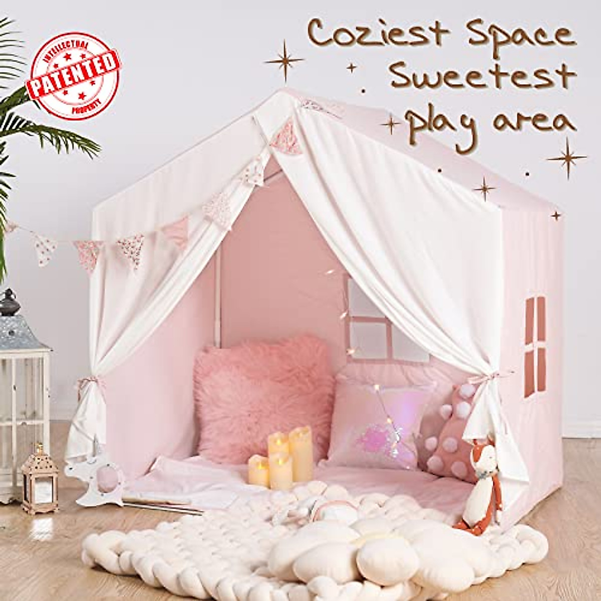Large Kids Tent, Kids Playhouse with Banner,Light and Padded Mat, Tent for Kids Reading Nook, Play Tent, Easy to Assemble and Wash, Indoor and Outdoor, Pink Boho Adult Tent, 52x35x51,Pink