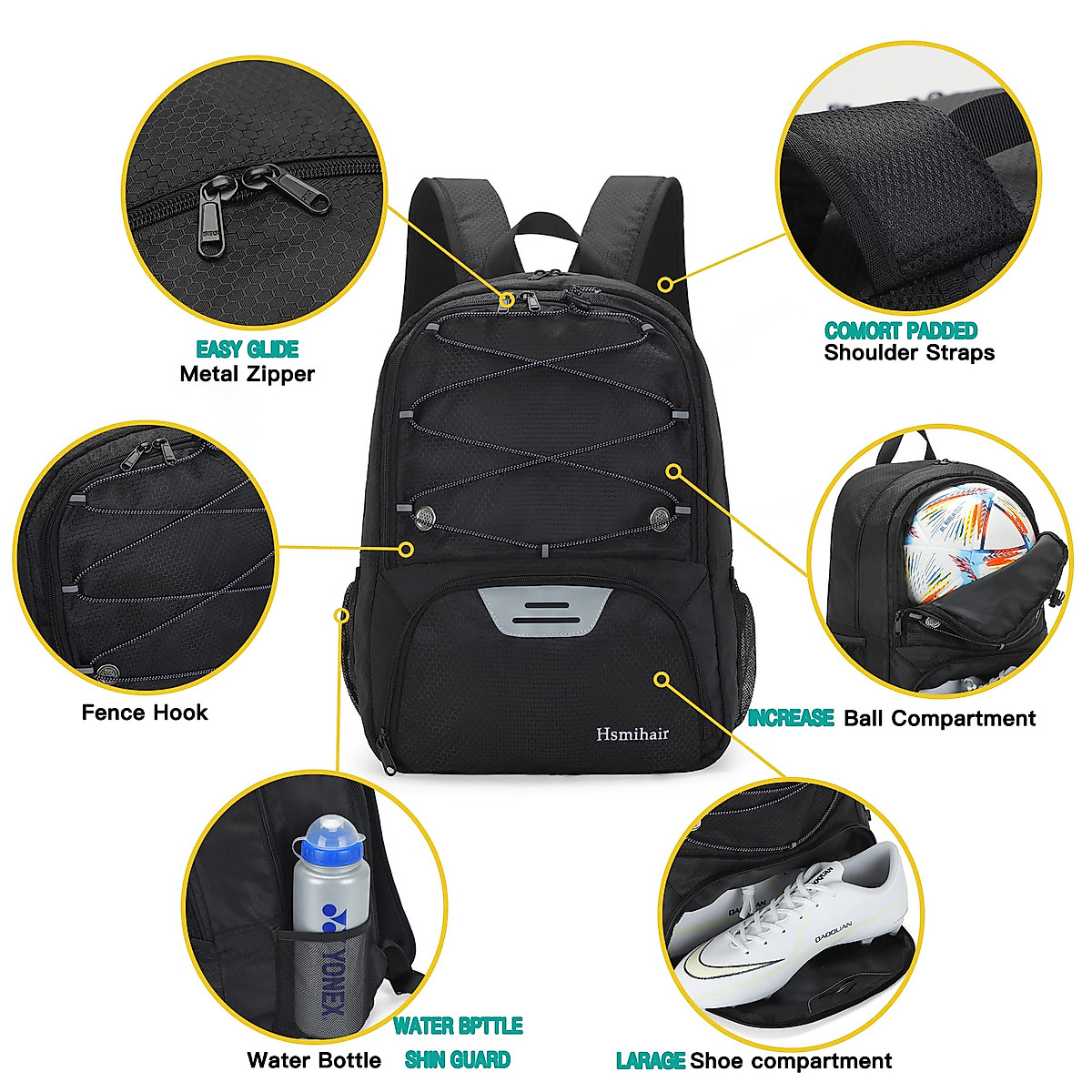 Hsmihair Youth Soccer Bag-Soccer Backpack & & Backpack for Football Volleyball Basketball,with Ball Compartment and Separate Cleat Training Package