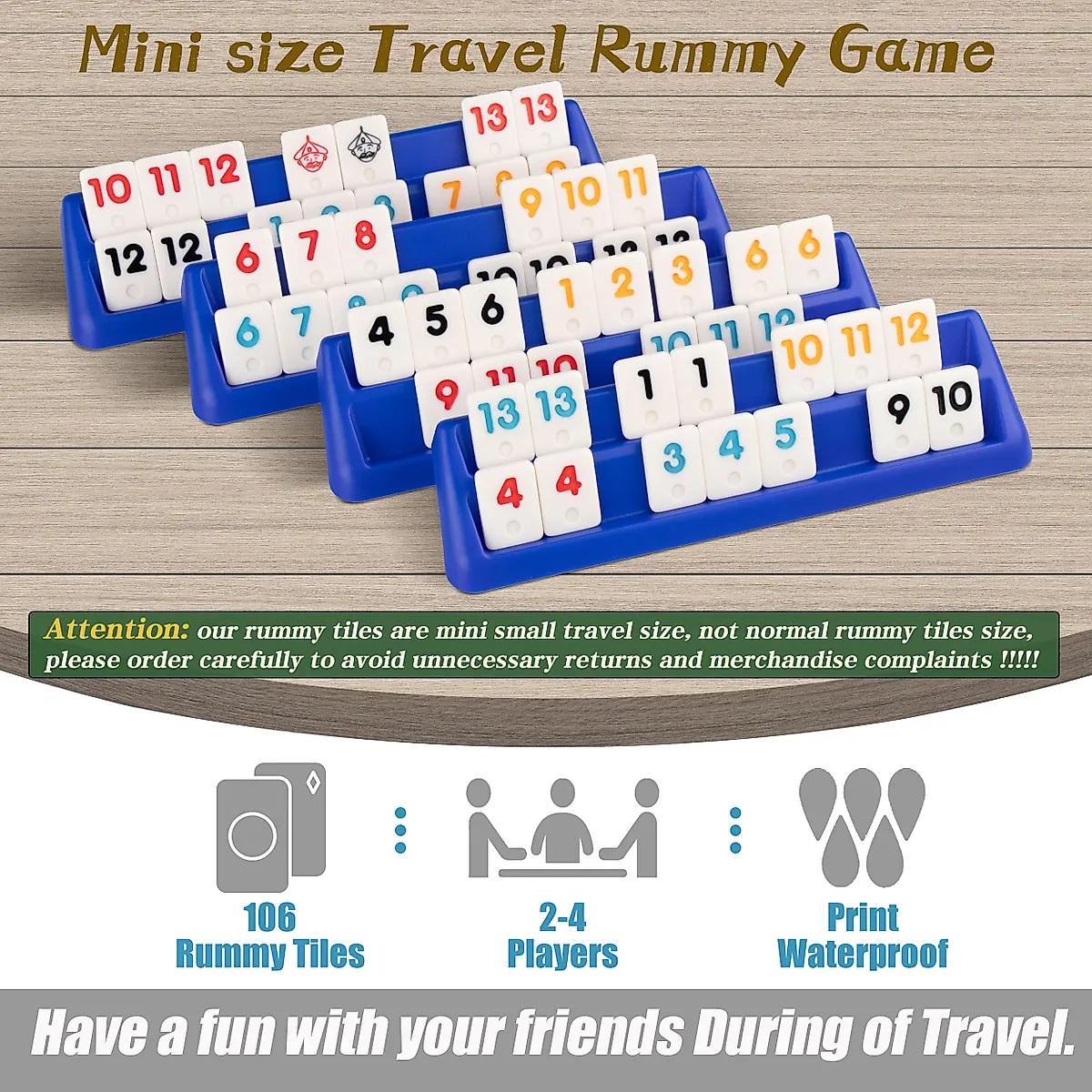 Doublefan Mini Rummy Set,Travel Size Rummy Game with Portable Bag, Mini Rummy Cube Game for Adult and Kids,106 Tiles, 4 Playing Rack, 1 Dice (2-4 Players)