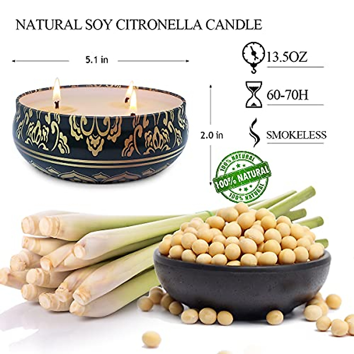 Amastika Citronella Candles Outdoor Large 3 Wicks Natural Soy Wax Candle for Home Patio in Summer, 3 Packs, 1 X 13.5oz