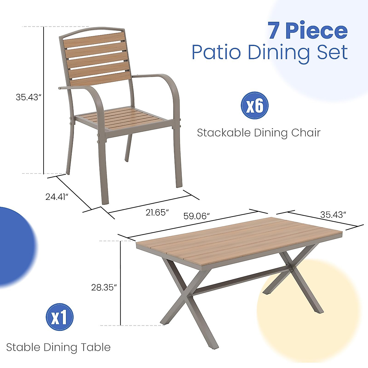 SUNSITT 7 Piece Outdoor Dining Set for 6, Aluminum Patio Dining Furniture Set with 59” Rectangle Dining Table & 6 Stackable Patio Chairs, Outdoor Table and Chairs w/Faux Wood Grain, Teak Wood Color