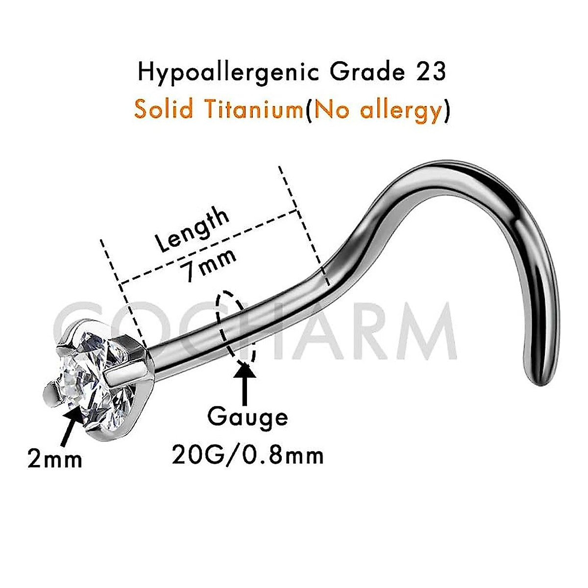 COCHARM G23 Titanium Nose Stud 20g Nose Screw Nose Rings 2mm Diamond Clear CZ Nose Stud Nose Rings 20 Gauge Nose Piercing Jewelry 20g Nose Corkscrew Stud