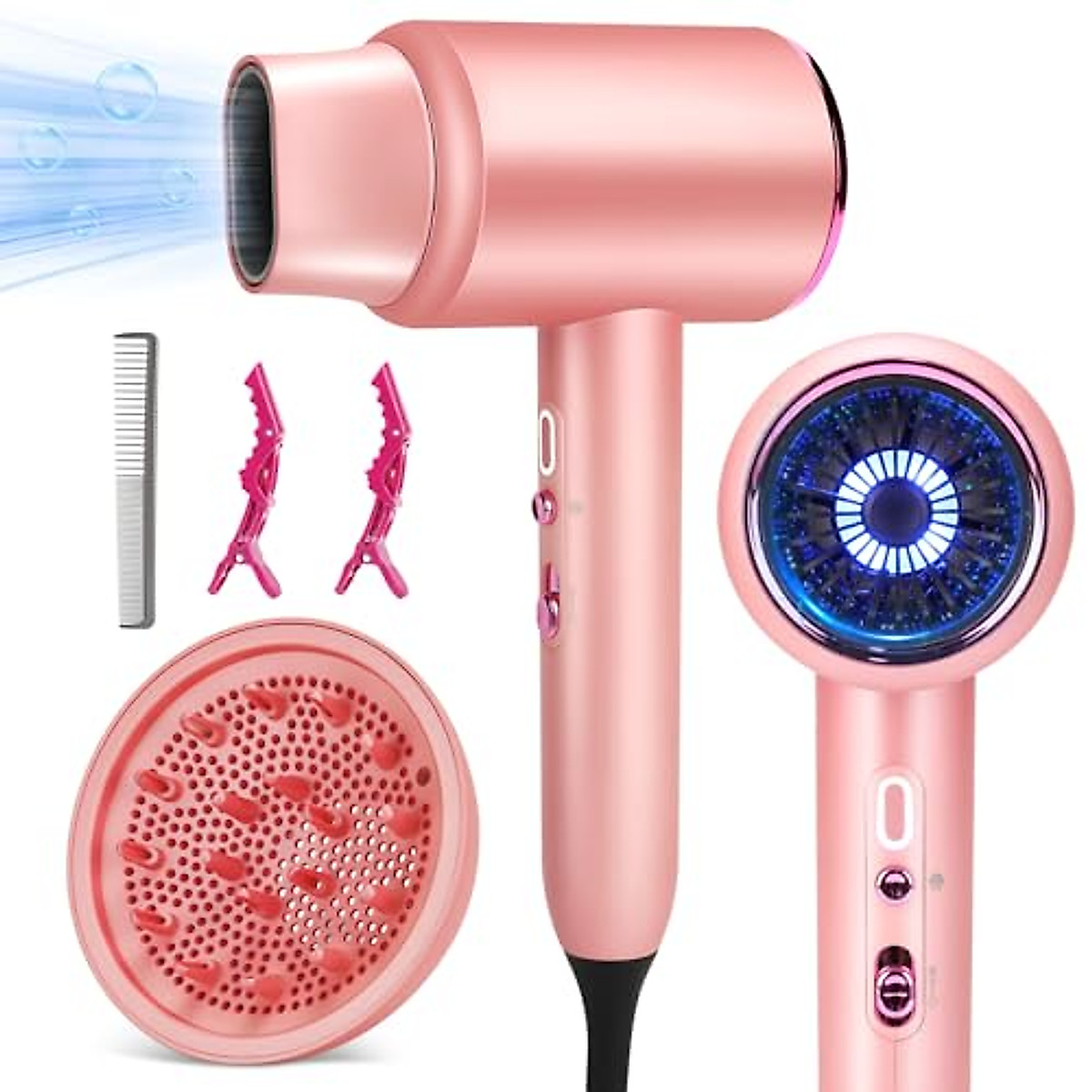 Bo'laiya Professional Ionic Hair Dryer | 1875W Powerful Low Noise Hair Dryer | Constant Temperature for Fast Hair Drying | with Hair Diffuser and Cluster Nozzle for Home Salon and Traveling | (Pink)