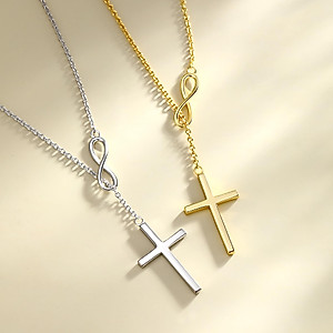 FANCIME White Gold Plated 925 Sterling Silver High Polished Infinity Cross Pendant Lariat Necklace Y Necklace Gift for Women, 18"