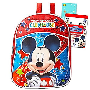 Fast Forward Mickey Mouse Mini Backpack for Boys - Bundle with 11” Mickey Mouse Preschool Backpack, Mickey Stickers, Door Hanger | Mickey Mouse Backpack for Toddler Boys