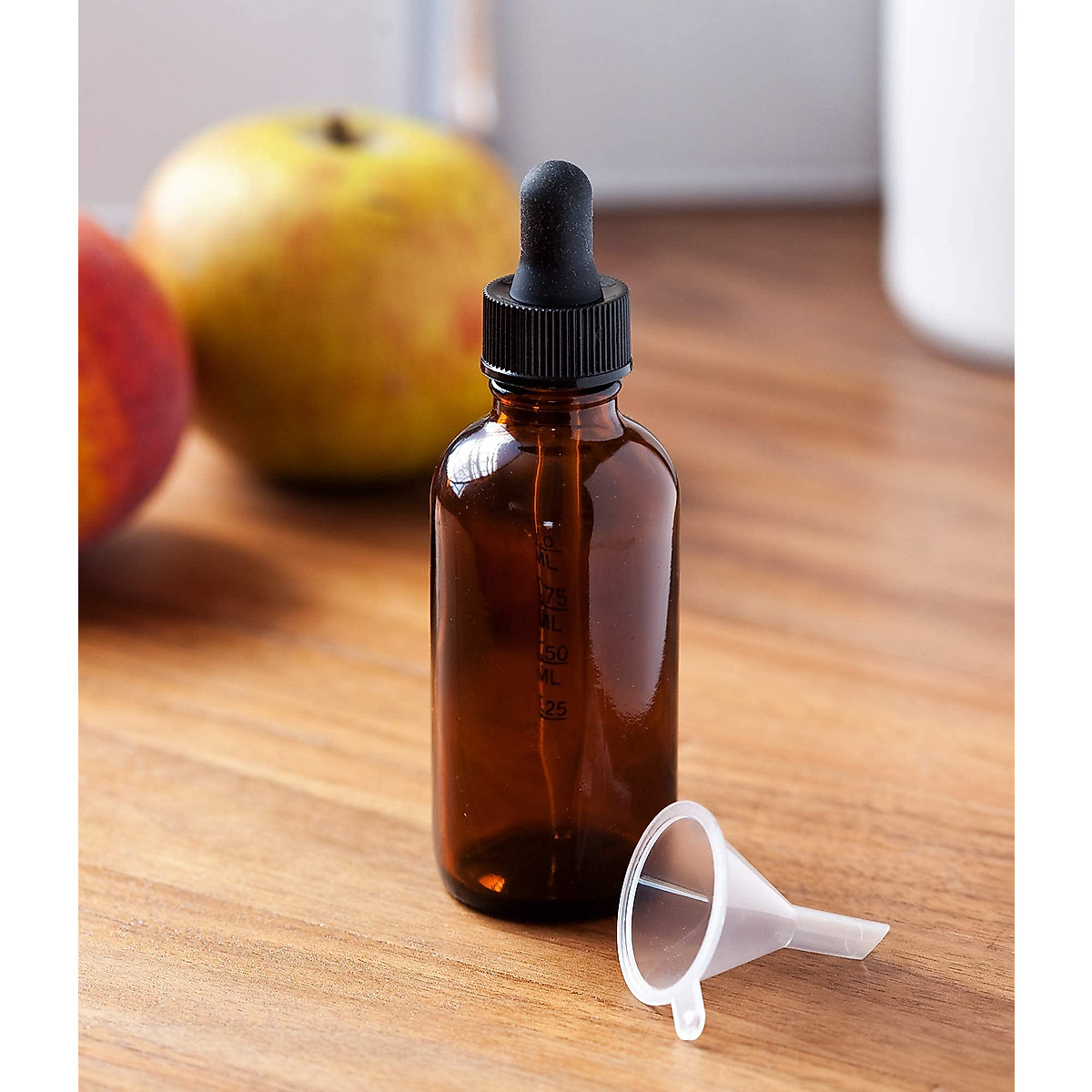 JUVITUS 2 oz Amber Glass Boston Round Graduated Measurement Glass Dropper Bottle (12 pack) + Funnel