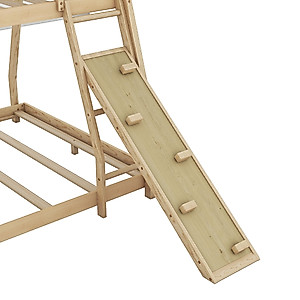 BIADNBZ Twin Over Queen House Bunk Bed with Climb Nets and Climbing Ramp, Wooden Playhouse BunkBed Frame for Kids Boys Girls Bedroom, Natural