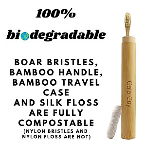 Gaia Guy Bamboo and Boar Bristle Toothbrush (4 Pack) + Travel Case & Silk Dental Floss | 100% Compostable Bristles and Floss | Eco-Friendly Dental Set | Biodegradable & Compostable Wooden Toothbrushes