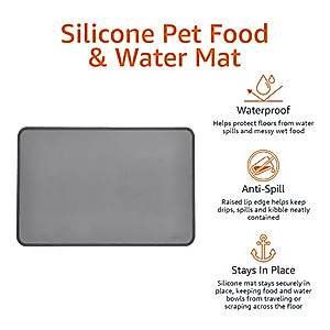 Amazon Basics Waterproof Anti-Slip Silicone Pet Food and Water Bowl Mat, 24 x 16 Inches, Gray