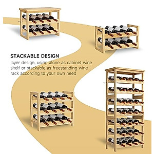 28-Bottle Wine Rack Free Standing Floor, Solid Wood 7-Tier Display Wine Storage Shelves with Tabletop, Wobble-Free Bottle Holder for Cellar Kitchen Bar Dining Room Living Room, Oak