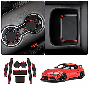 2020-2025 Toyoat Supra GR Center Console Liners Mats Cup Holder Inserts Mats Non-Slip Center 2025 Supra GR Console Shifter Liner Trim Mats Anti-dust Door Pocket Liners Accessories 8 PCS(Red)
