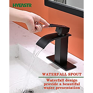 HYEASTR Waterfall Bathroom Faucet Single Handle Bathroom Sink Faucet with Overflow Pop Up Drain & Supply Lines Matte Black 1 Hole