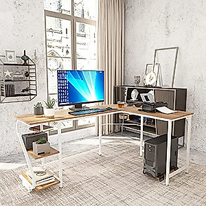 Weehom Reversible L Shaped Desk with Shelves Large Corner Computer Desks for Home Office Writing Workstation Wooden Desk Table, Walnut+White Leg