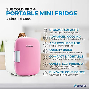 Subcold Pro4 Luxury Mini Fridge Cooler 4 Litre / 6 Cans AC & Exclusive USB ECO Power Option | Portable Small Refrigerator For The Office, Bedroom, Car, Travel, Skincare & Cosmetic (Pink)