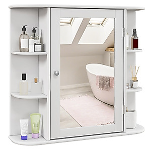 RELAX4LIFE Bathroom Wall Cabinet with Mirror - Medicine Cabinet w/Door, 6 Open Shelves & Adjustable Shelves, Over The Toilet Storage Cabinet Organizer, Mirrored Bathroom Cabinet Wall Mount (White)