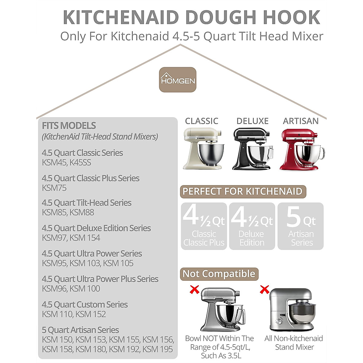 Dough Hook for Kitchenaid Mixer, HOMGEN Original Stainless Steel Spiral Dough Hook Attachment Fit for 4.5-5 QT Bowl Tilt-Head Stand Mixers Rustproof Bread Dough Hook Attachment Support Dishwasher Safe