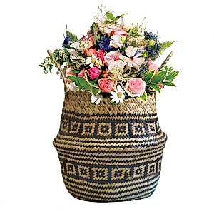 FAMKIT Woven Seagrass Plant Pot Belly Basket Storage Basket with Handles for Laundry Toy