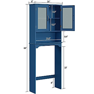 Topeakmart Over The Toilet Storage with 2-Door Tempered Glass Cabinet, Wooden Space-Saving with Toilet Rack and Inner Adjustable Shelf, L25xW9xH66, Navy Blue