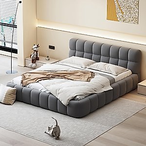 Queen Size Upholstered Platform Bed with Thick Fabric, Grounded Bed with Solid Frame,for Kids Teens Adults Bedroom Use (Gray@Grounded, Queen)