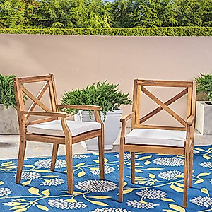 Christopher Knight Home Peter | Outdoor Acacia Wood Dining Chair Set of 2, Teak/Cream Cushion