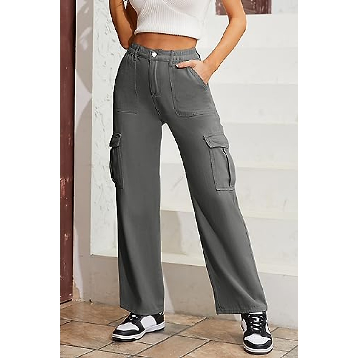 QYANGG High Waist Cargo Pants Women Stretch Baggy Cargo Pants Women Multiple Pockets Relaxed Fit Straight Wide Leg Y2K Pants Grey