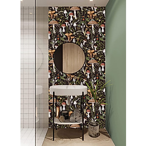 HAOKHOME Peel and Stick Wallpaper Boho Mushroom Removable Stick on Forest Contact Paper for Bathroom Black/Brown/Green 17.7in x 32.8ft
