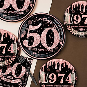 96 Pcs 50th Birthday Party Supplies Party Paper Plates Napkins,Rose Gold Women Party Decorations Favors, 50th Birthday Tableware Set for 24 Guests Women Birthday Supplies