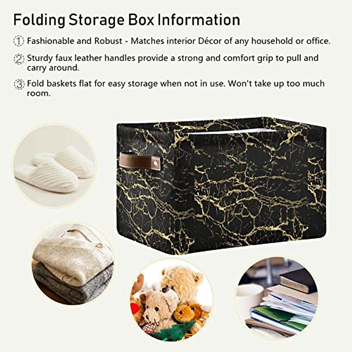 ALAZA Black Gold Marble Foldable Storage Box Storage Basket Organizer Bins with Handles for Shelf Closet Living Room Bedroom Home Office 2 Pack